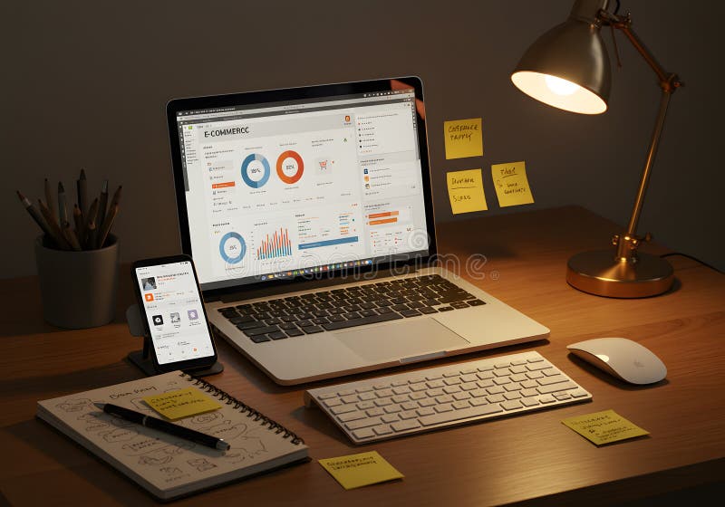 Modern Workspace with Digital Devices Stock Illustration - Illustration ...