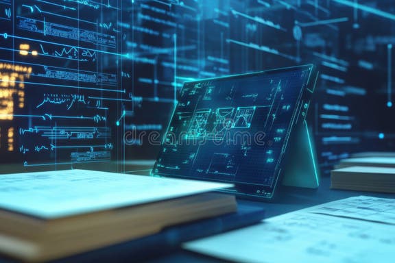 Modern Workspace with Digital Tablet Displaying Blueprints and Data ...