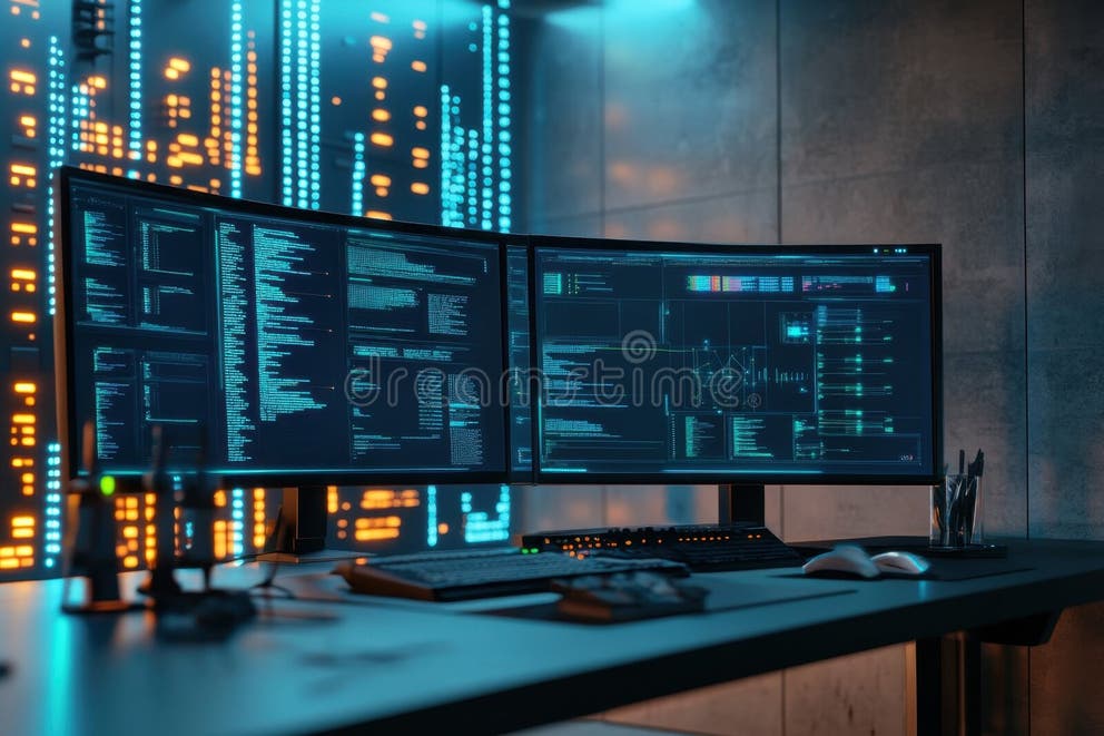 Modern Workspace with Dual Monitors Displaying Coding and Data Analysis Stock Photo - Image of ...