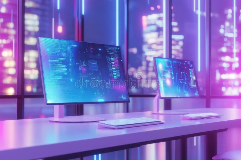 Modern Workspace with Dual Monitors Displaying Coding and Vibrant City Lights at Night Stock ...