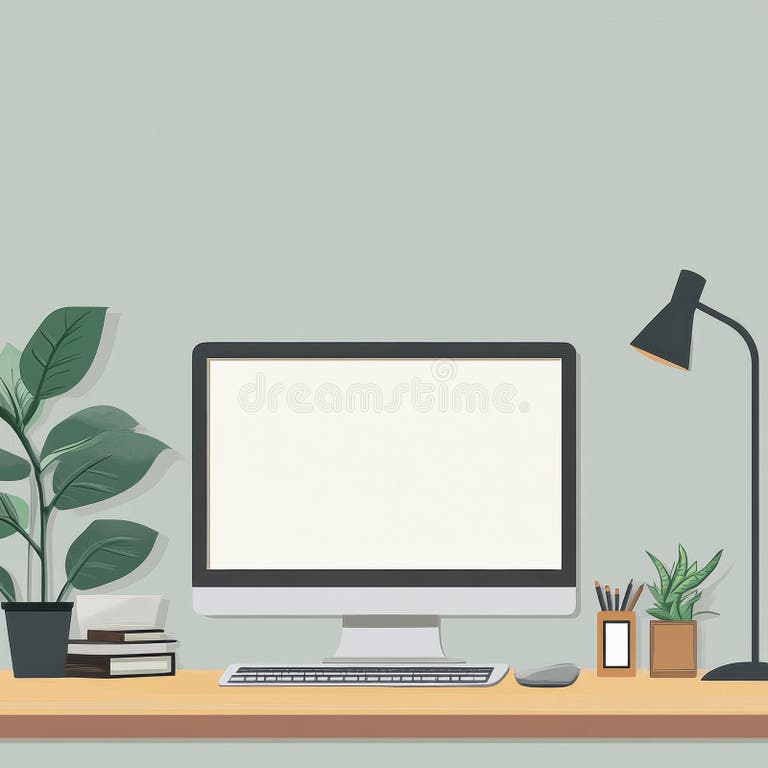 Modern Workspace with Empty Computer Screen and Decorative Plants ...