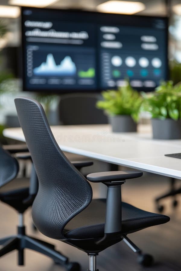 Modern Workspace with an Ergonomic Chair, Plants, and Digital Display ...