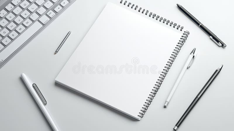 Modern Workspace Essentials, Laptop, Notebook, and Pen on White Surface ...