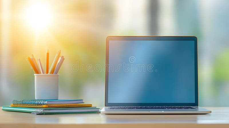 Modern Workspace Essentials Laptop Pencils and Desk Setup for Productive Work or Focused Study ...