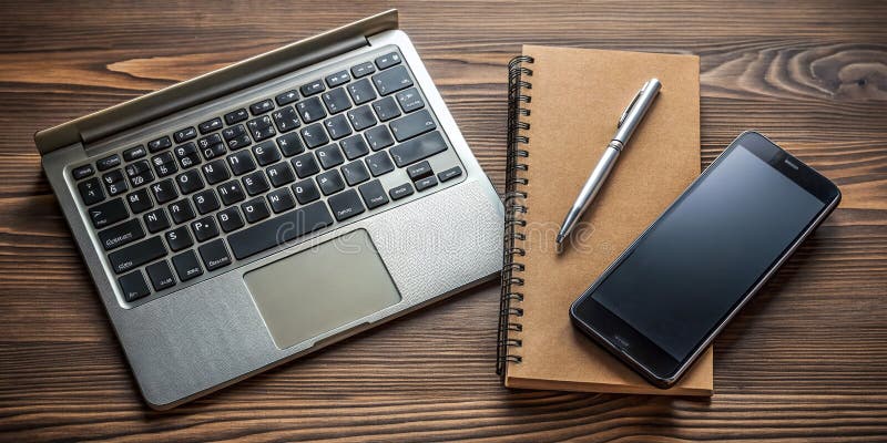 Modern Workspace Essentials Silver Laptop Smartphone Notepad and Pen on ...