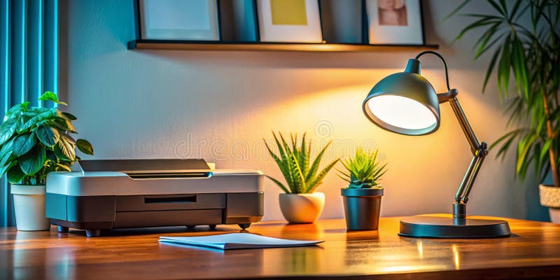 Modern Workspace Essentials a Stylish Desk Setup Featuring a Printer ...