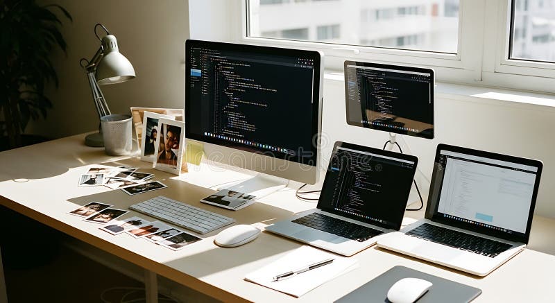 Modern Programmers Working at Bright Office Desk with Multiple Computers and Coding Screens ...