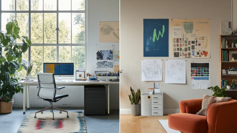 A Modern Workspace Features a Desk and Computer, while an Adjacent Area ...