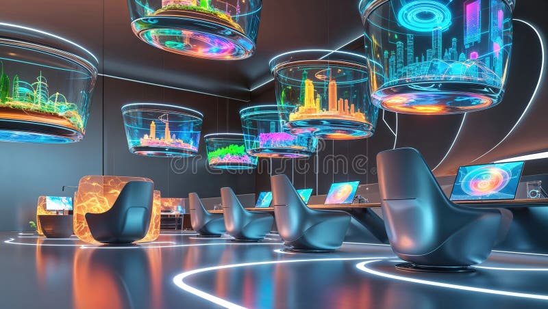 A Modern Workspace Features High-tech Displays with Vibrant Graphics ...