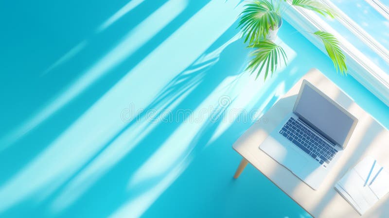 Bright Workspace with a Laptop and Natural Light Casting Shadows on a ...