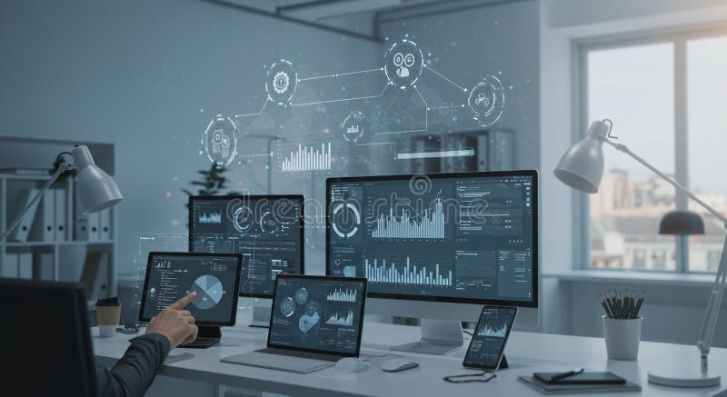 A Modern Workspace Features Multiple Monitors Displaying Data Analytics ...