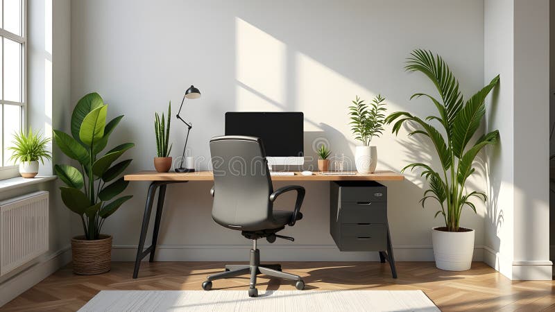 This Modern Workspace Features a Sleek Desk, Computer Setup, and Indoor ...