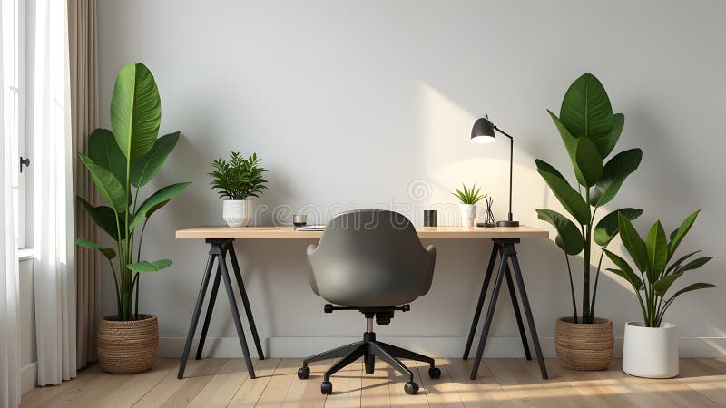 This Modern Workspace Features a Sleek Desk, Computer Setup, and Indoor ...
