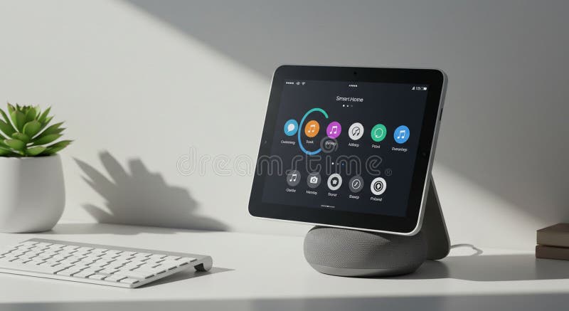 A Modern Workspace Features a Sleek Tablet Mounted on a Curved Stand ...