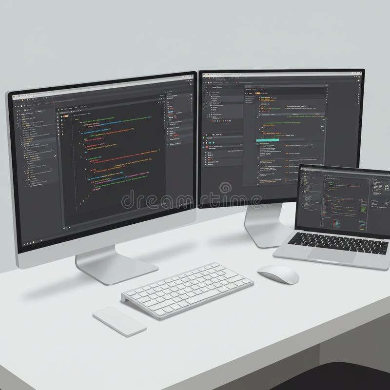 A Modern Workspace Features Two Large Desktop Monitors and a Laptop Displaying Stock ...