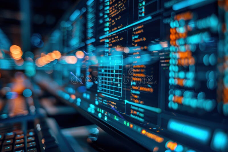 A Futuristic Workspace with a Holographic Calendar and Glowing Code ...