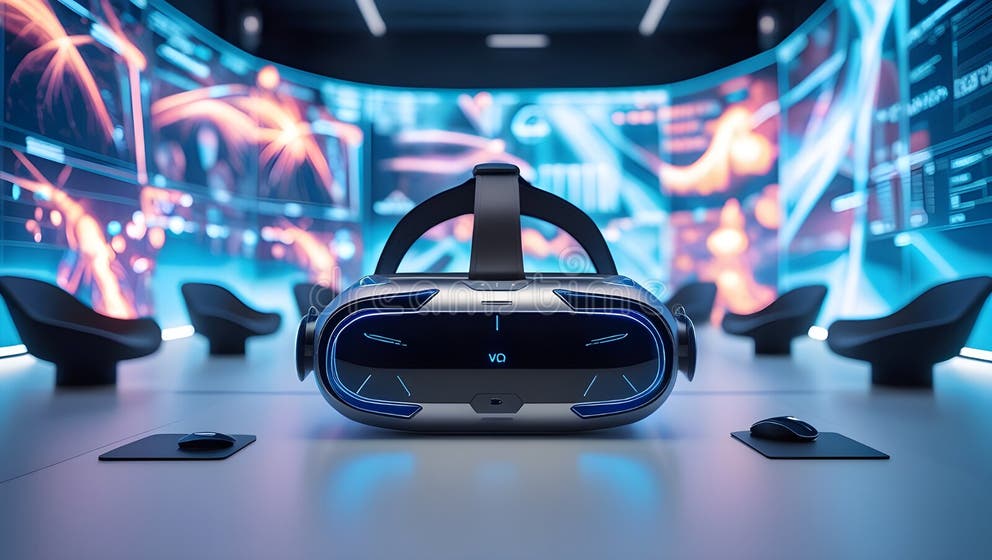 A Modern Workspace Featuring Advanced VR Equipment and Holographic ...