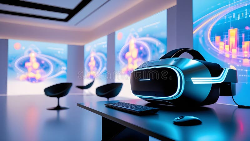 A Modern Workspace Featuring Advanced VR Equipment and Holographic ...