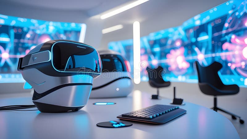A Modern Workspace Featuring Advanced VR Equipment and Holographic ...