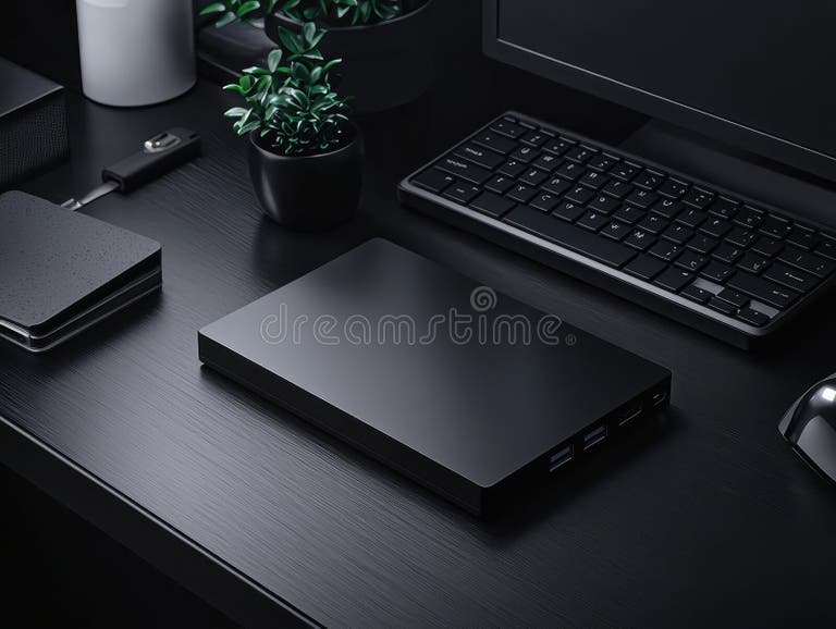 Modern Workspace Featuring Black Desktop Objects Including Computer ...
