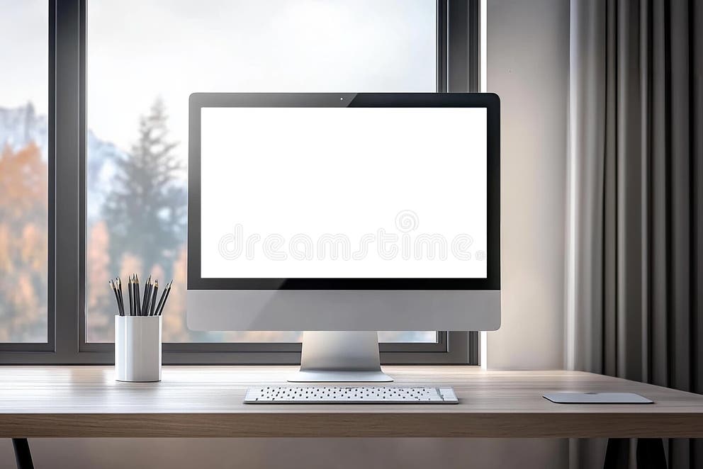 A Modern Workspace Featuring a Blank Computer Screen, Desk, and Natural ...