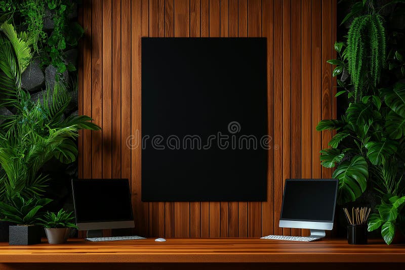 Modern Workspace Featuring Blank Poster on Wooden Wall, Surrounded by ...
