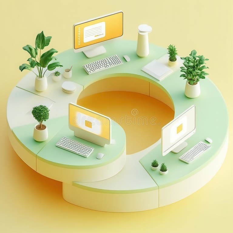 A Modern Workspace Featuring Circular Desks, Plants, and Computer ...