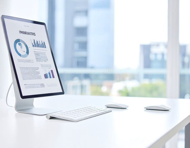 Modern Workspace Featuring a Clean Desk with Computer Showing Data ...