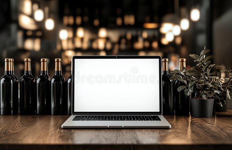 A Modern Workspace Featuring a Clean Laptop Screen Surrounded by Wine ...
