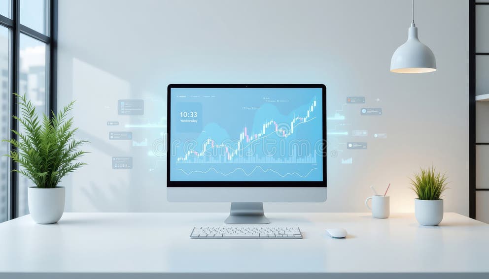 Modern Workspace Featuring Computer Displaying Financial Graph, with ...