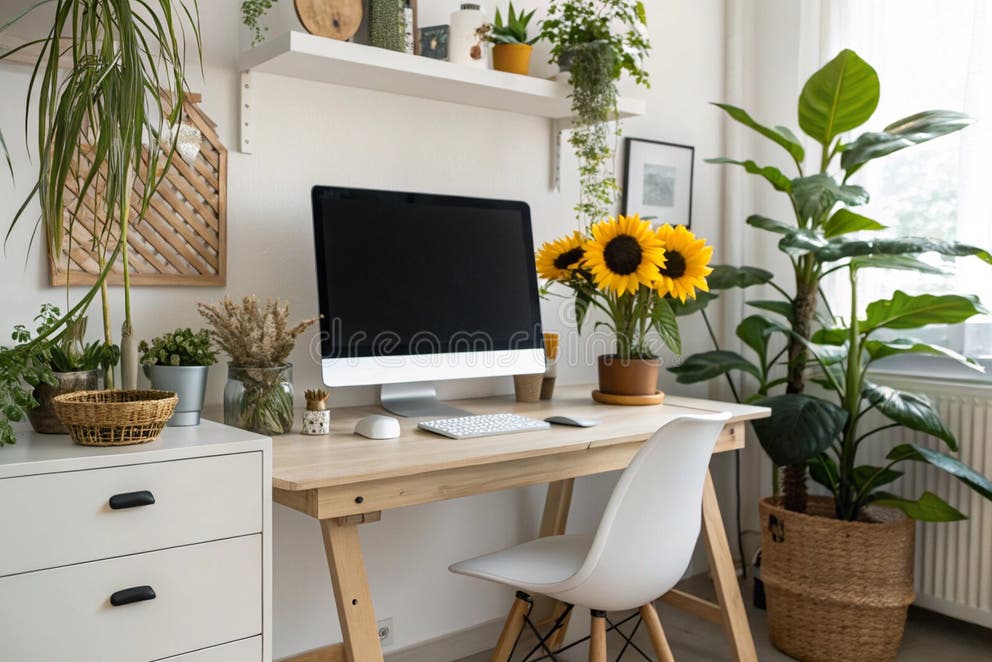 Modern Workplace with Computer and Sunflowers Stock Illustration ...