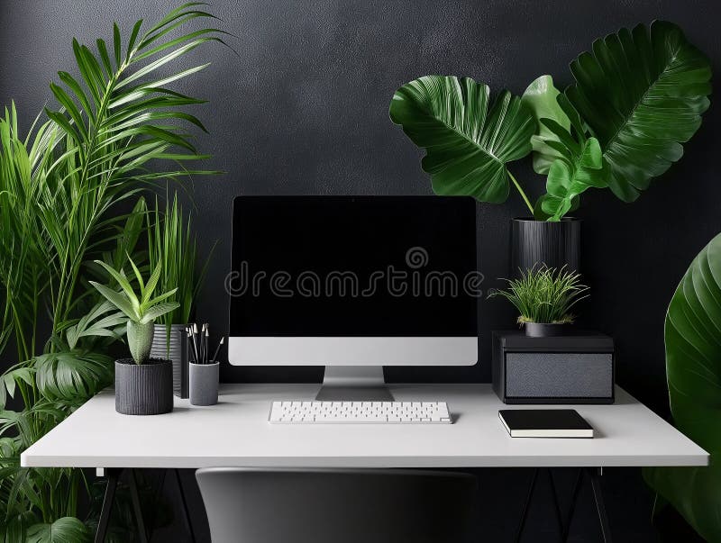 Modern Workspace with Computer, Keyboard and Various Potted Plants ...