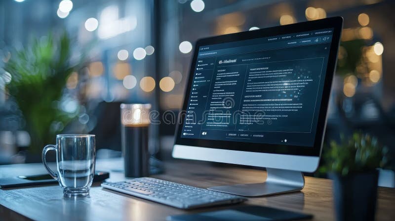 A Modern Workspace Featuring a Computer Screen Displaying Code, a Glass ... A Modern Workspace Featuring a Computer Screen Displaying Code, a Glass ...