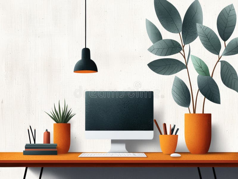 A Modern Workspace Featuring a Computer Vibrant Plants and Stylish ...