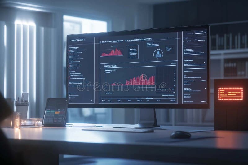 A Modern Workspace Featuring Data Analytics in a Dimly Lit Office ...