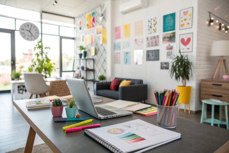 Modern Creative Workspace with Desk and Design Tools Stock Illustration ...