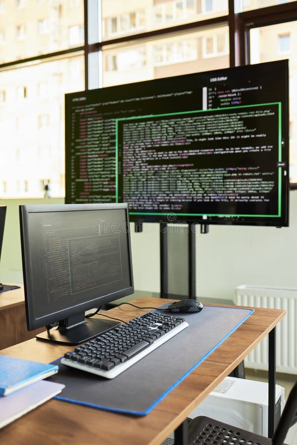 Modern Office Desk Featuring Computer Monitor Displaying Programming Code Stock Photo - Image of ...
