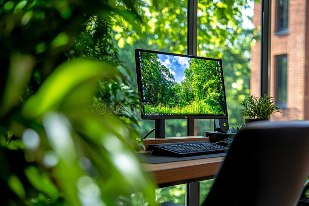 Modern Workspace Featuring Desktop Computer with Vibrant Nature Wallpaper, Surrounded by Lush ...