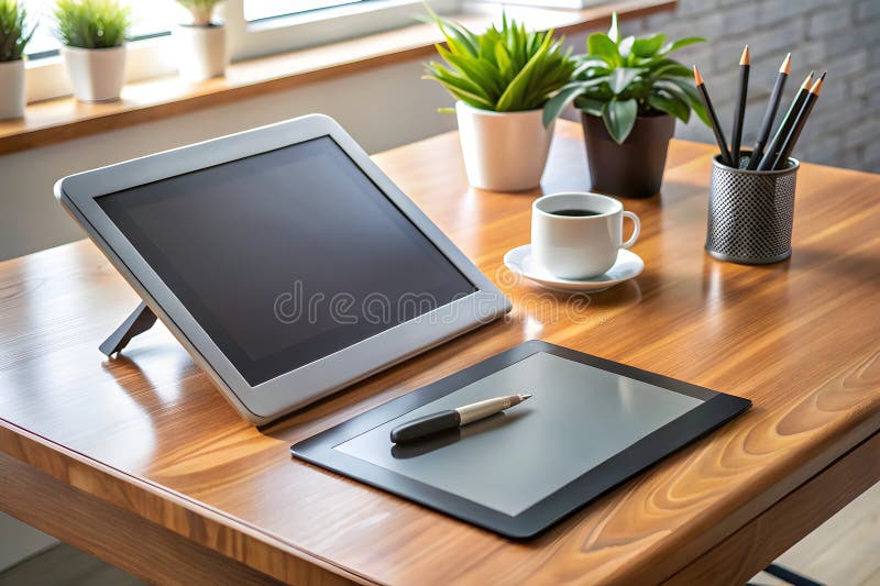 Desk with Digital Drawing Tablet and Stylus Stock Illustration ...