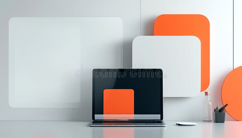 A Modern Workspace Featuring Geometric Decor and a Sleek Laptop Setup ...
