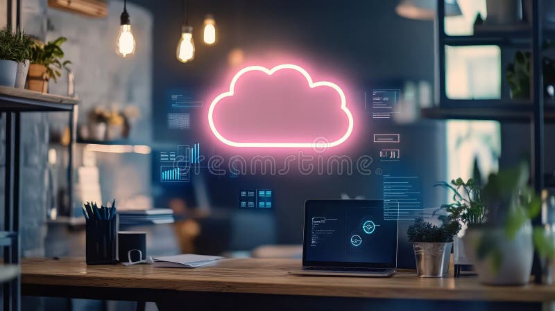 Modern Workspace Featuring a Glowing Cloud Symbol on a Digital ...