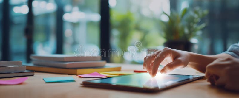 The Modern Workspace Featuring a Hand Interacting with a Glowing Tablet ...