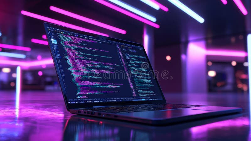 High-Tech Laptop with Code Snippets and Web Development Tools Stock ...
