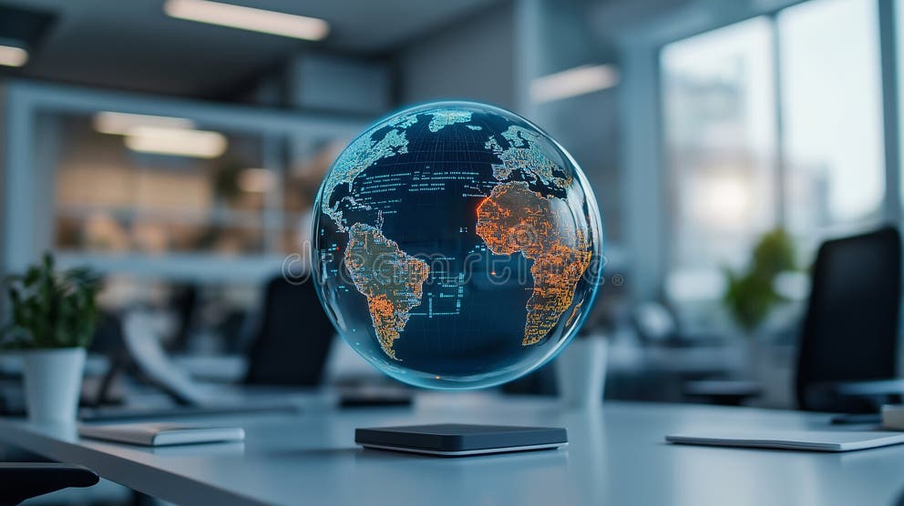 Modern Workspace Featuring a Holographic Globe with Live Climate Data ...