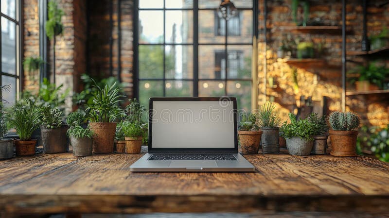 Minimalist Workspace Featuring Open Laptop Blank Screen Light Wooden ...