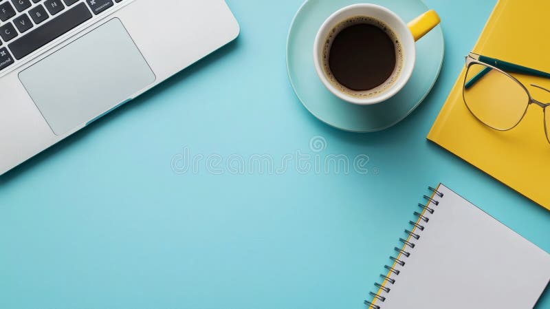 Workspace with Laptop, Coffee, Notebook, and Glasses on Vibrant Blue ...