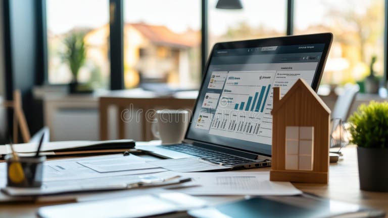 A Modern Workspace Featuring a Laptop with Data Analytics and a ...