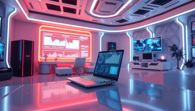 A Modern Workspace Featuring a Laptop, Data Displays, and Sleek ...