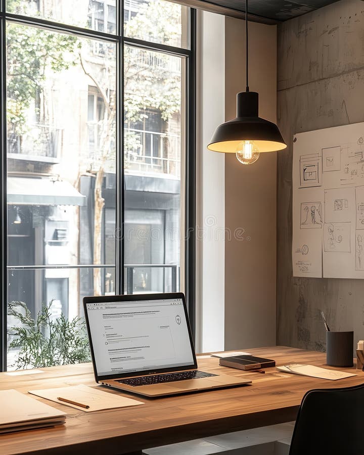 A Modern Workspace Featuring a Laptop, Desk, and Large Windows with ...