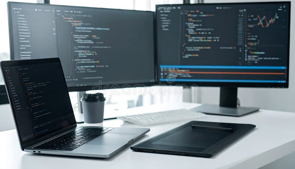 Modern Workspace Featuring Laptop, Dual Monitors Displaying Code, and a ...